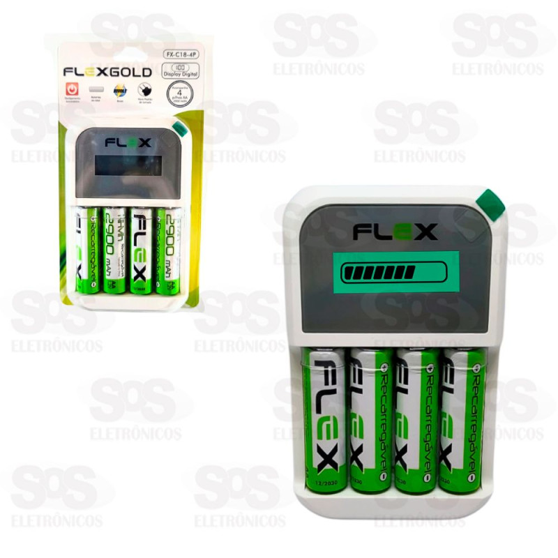 Carregador AA/AAA Com 4 Pilhas Display Flexgold FX-C18-4P