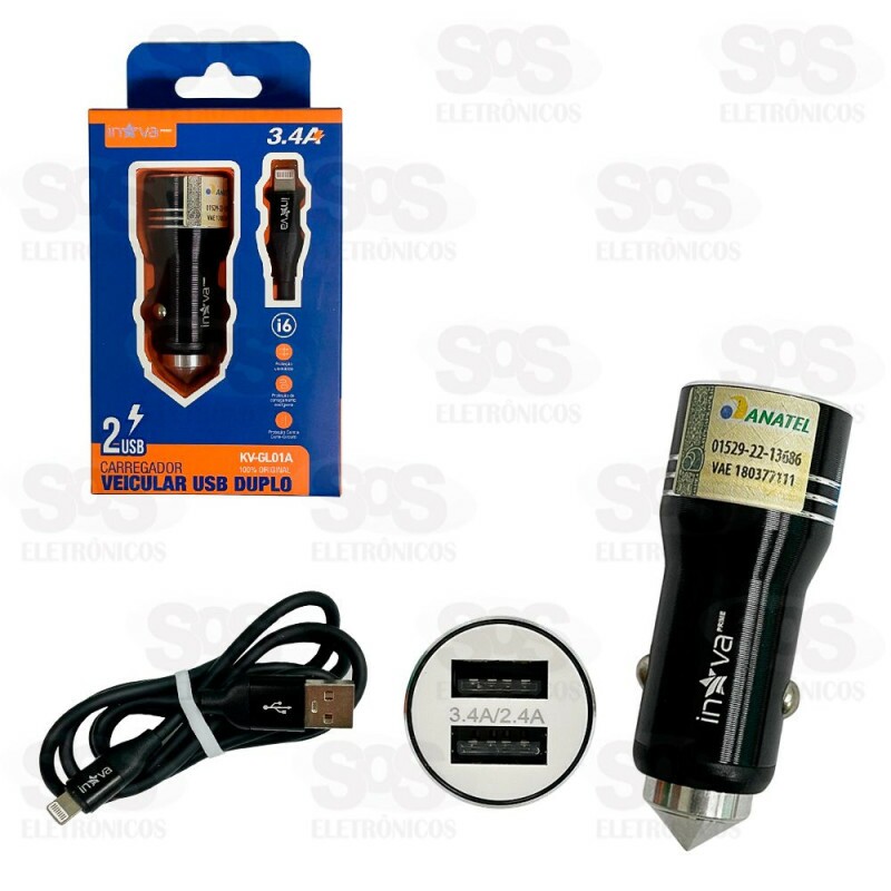 Carregador Veicular 2 USB 3.4A Cabo Iphone Inova Prime KV-GL01A