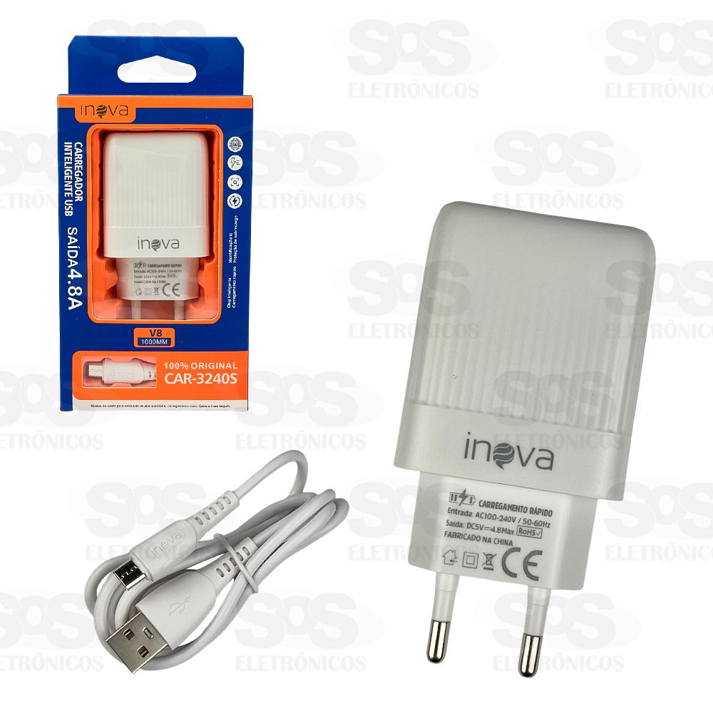 Carregador Rápido 2 Usb 4 8a Com Cabo Micro V8 Inova Car 3240s