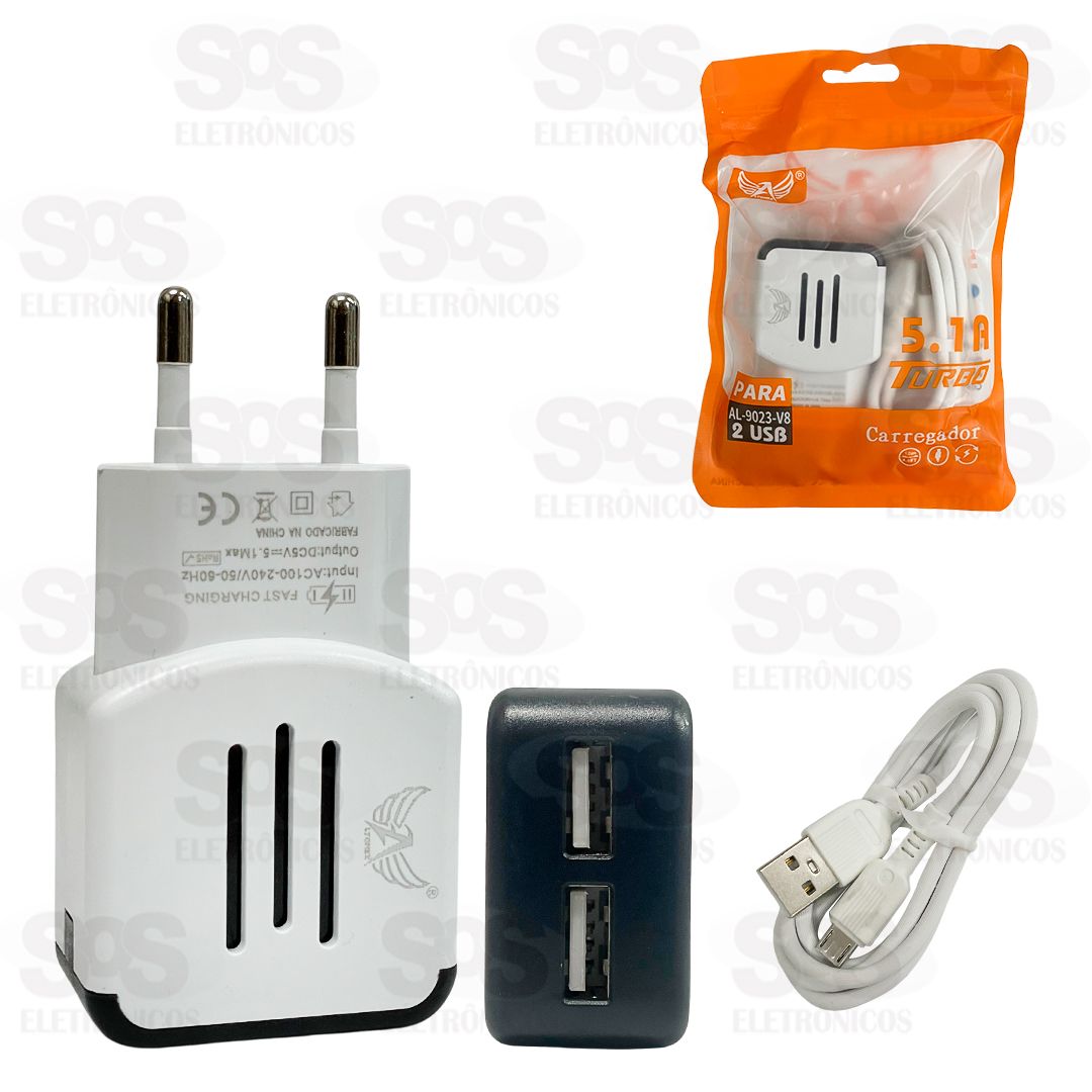 Carregador Rápido 2 Portas Usb 5 1a Com Cabo Micro V8 Altomex Al 9023